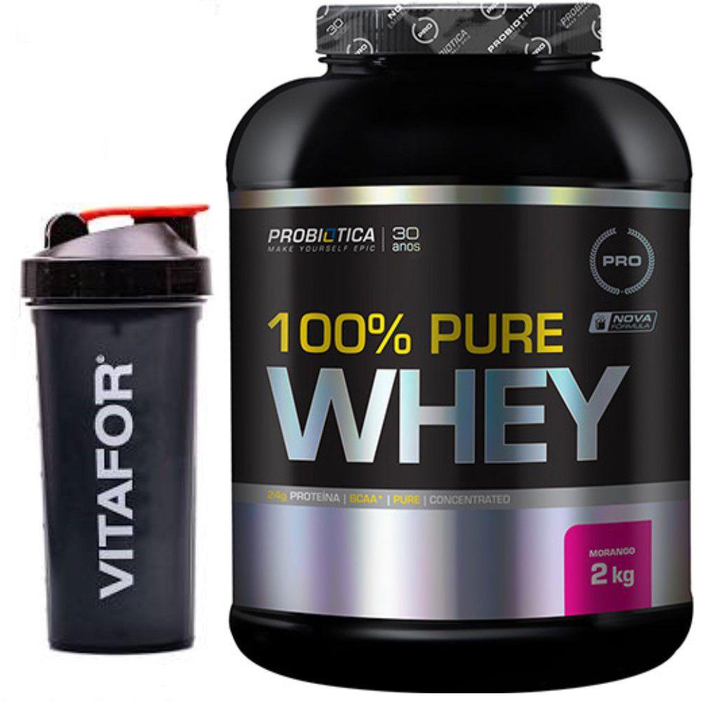 100% pure whey pote 2 kg sabor morango + coqueteleira vitafor ...