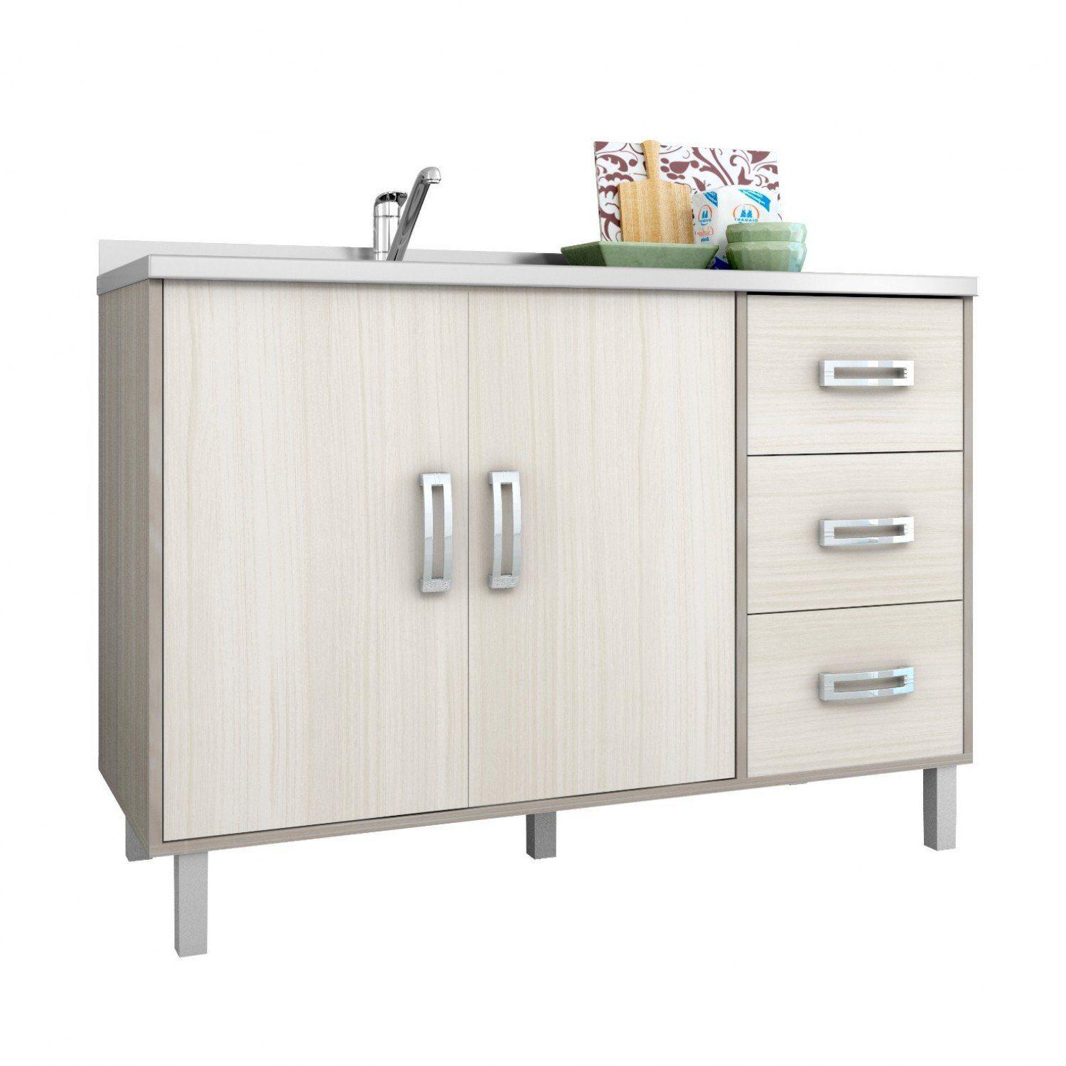 Balcão para Pia 2 Portas 3 Gavetas 120cm Munique Poliman Rovere/ Arena ...