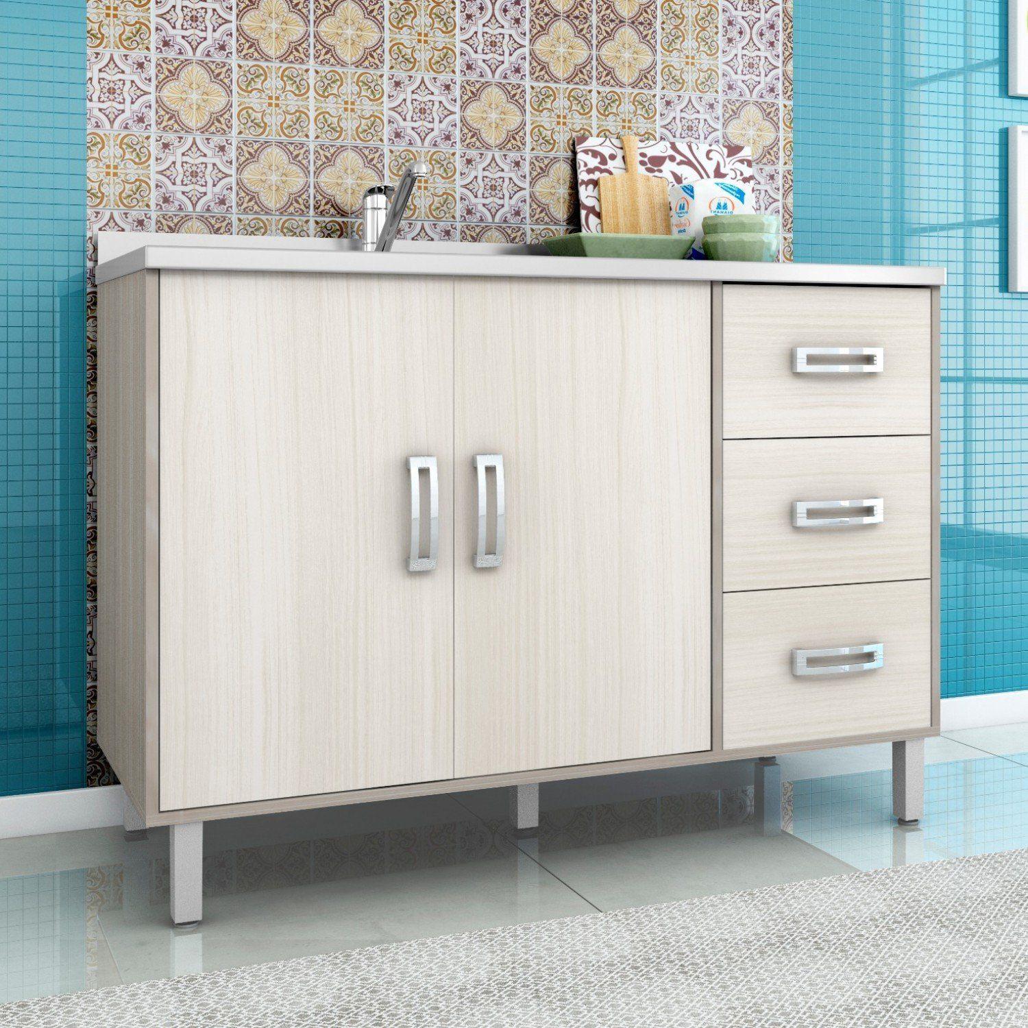 Balcão para Pia 2 Portas 3 Gavetas 120cm Munique Poliman Rovere/ Arena ...