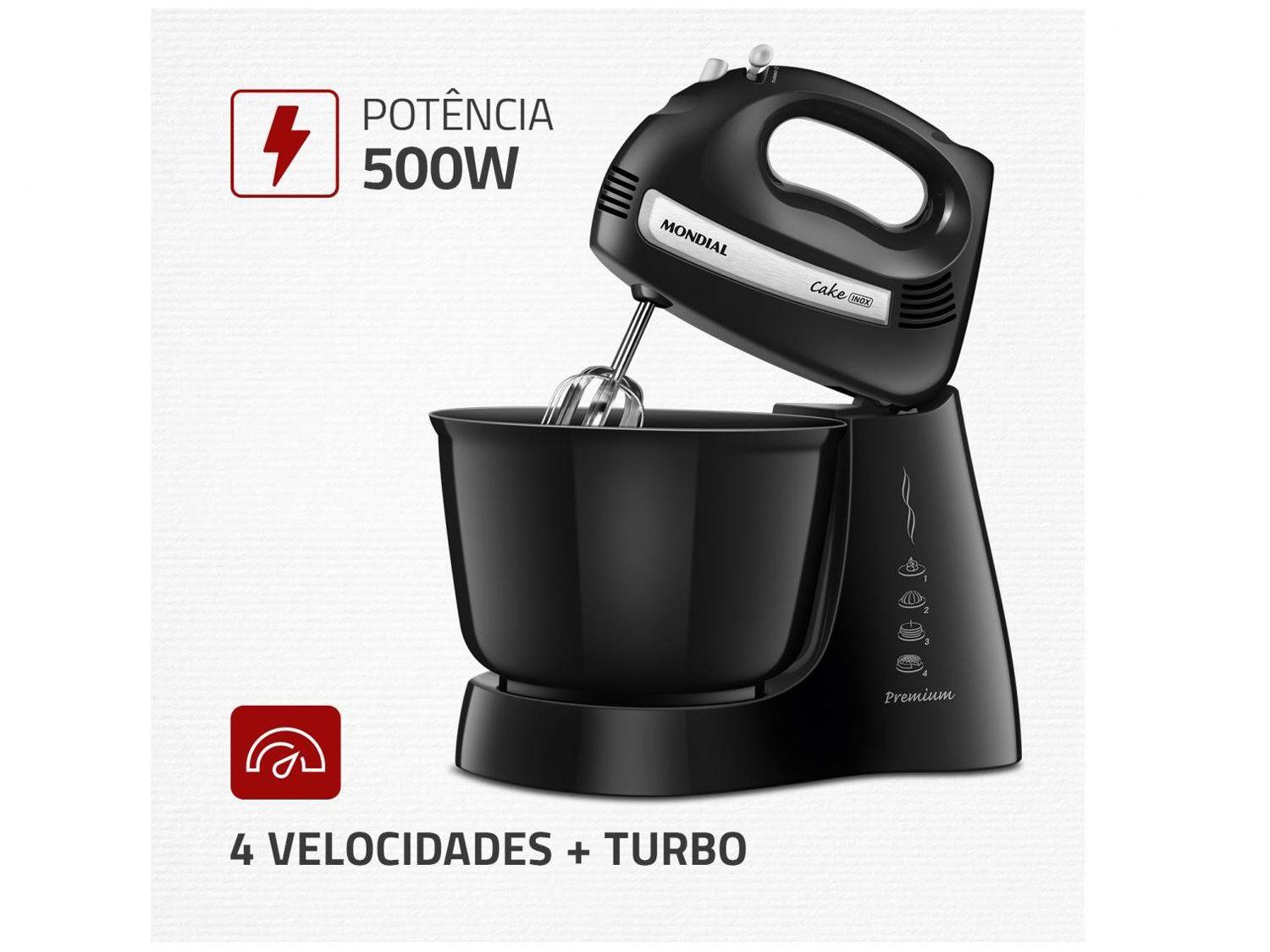 Batedeira Mondial Preta 500W Premium Due Cake Inox B-50-B 4 Velocidades