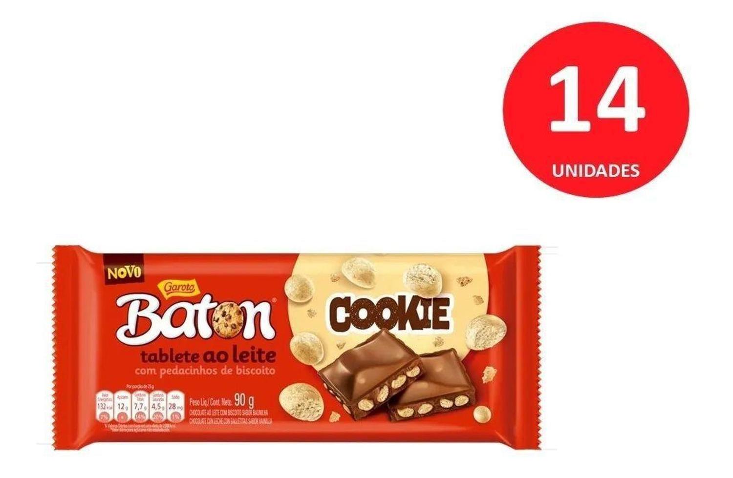 Baton cookie tablete ao leite - 14 barras de 90g - Garoto - Chocolate ...