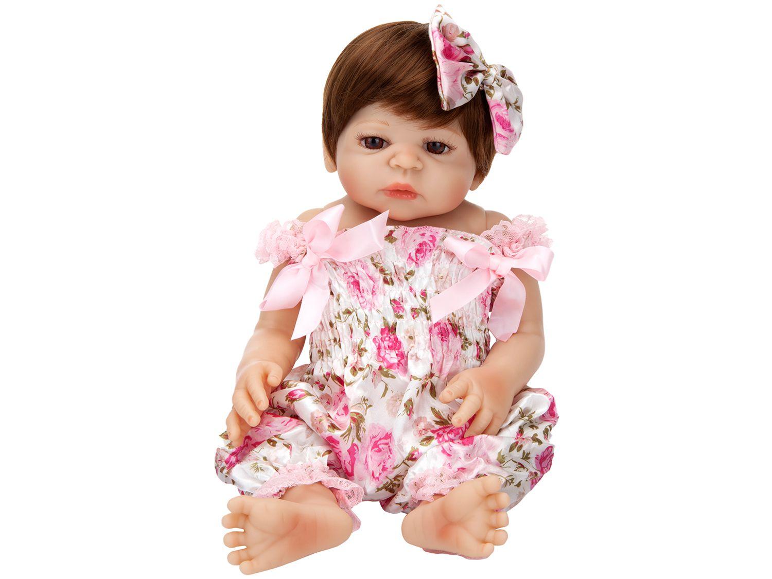 Bebê Reborn Pink Flower Laura Baby 45cm com Acessórios