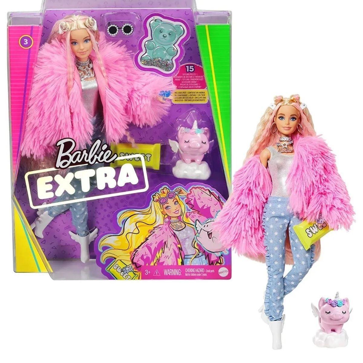 Boneca Barbie EXTRA 3 FLUFFY PINK JAC GRN28 PET Unicórnio Fashionista ...