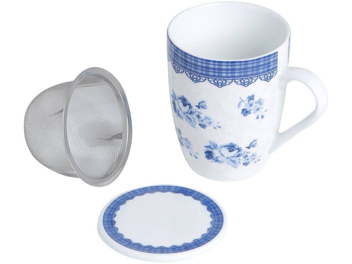 Caneca Chá e Café com Tampa e Filtro Porcelana Azul e Branca 310ml Lyor ...