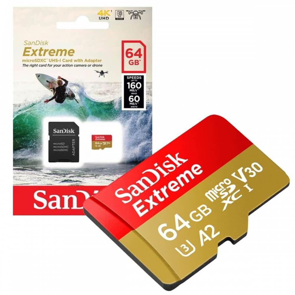 Cartão UHS-I Sandisk Extreme microSDxc 64GB A2 160 MB/s Read 60 MB/s Write - Cartão de Memória ...