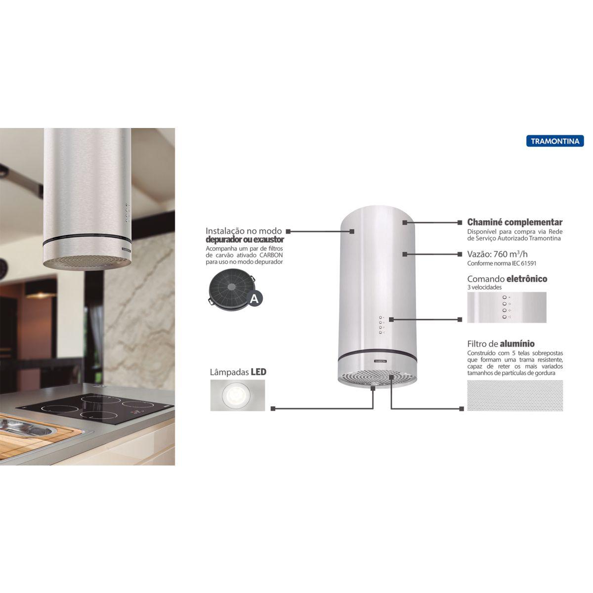 Coifa de Ilha Tramontina Tube Isla Redonda em Aço Inox 35 cm 220 V ...