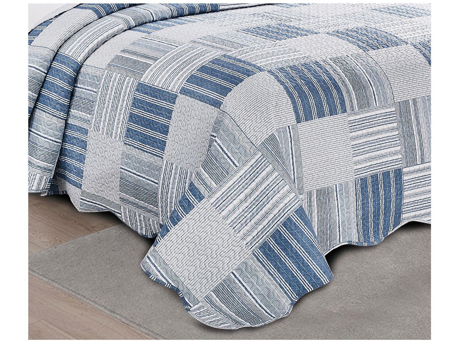 Colcha Casal Camesa Microfibra - Evolution Patchwork Azul 3 Peças ...