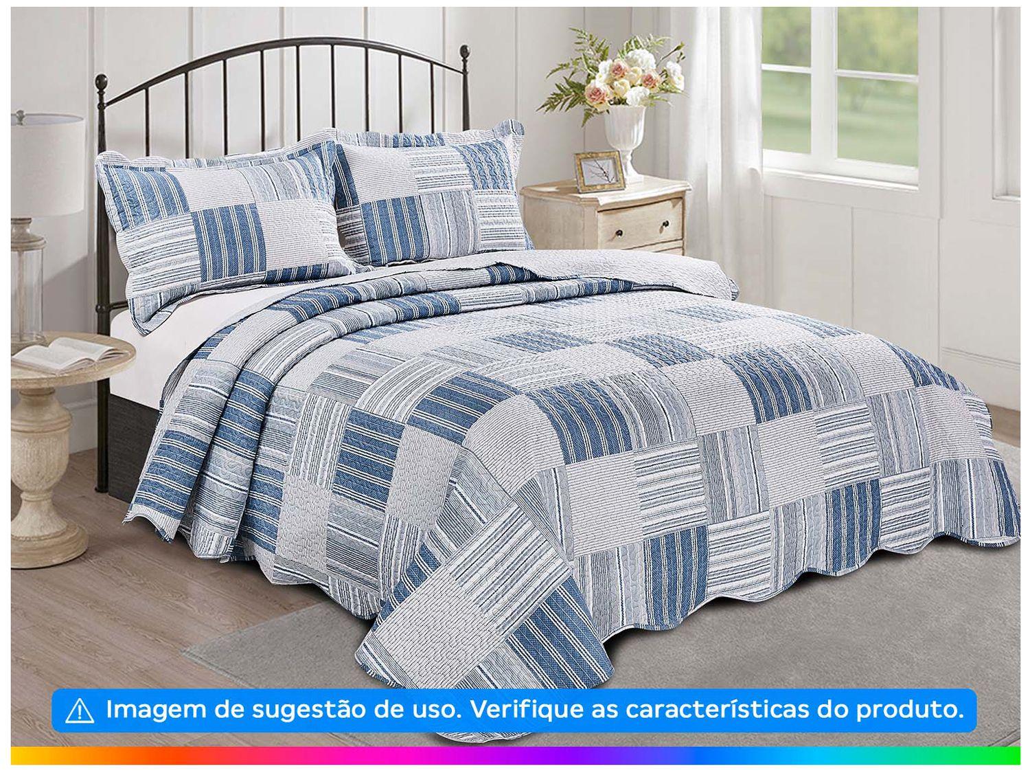 Colcha Casal Camesa Microfibra - Evolution Patchwork Azul 3 Peças ...