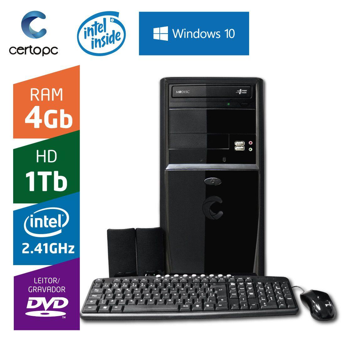 Computador Intel Dual Core 2.41GHz 4GB HD 1TB DVD com Windows 10 Certo ...