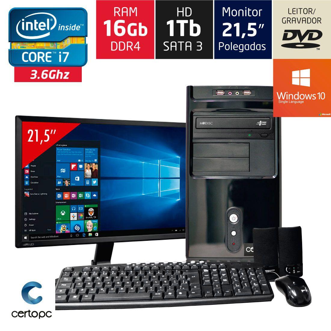 Computador + Monitor 21,5 Intel Core i7 16GB HD 1TB DVD com Windows 10 ...