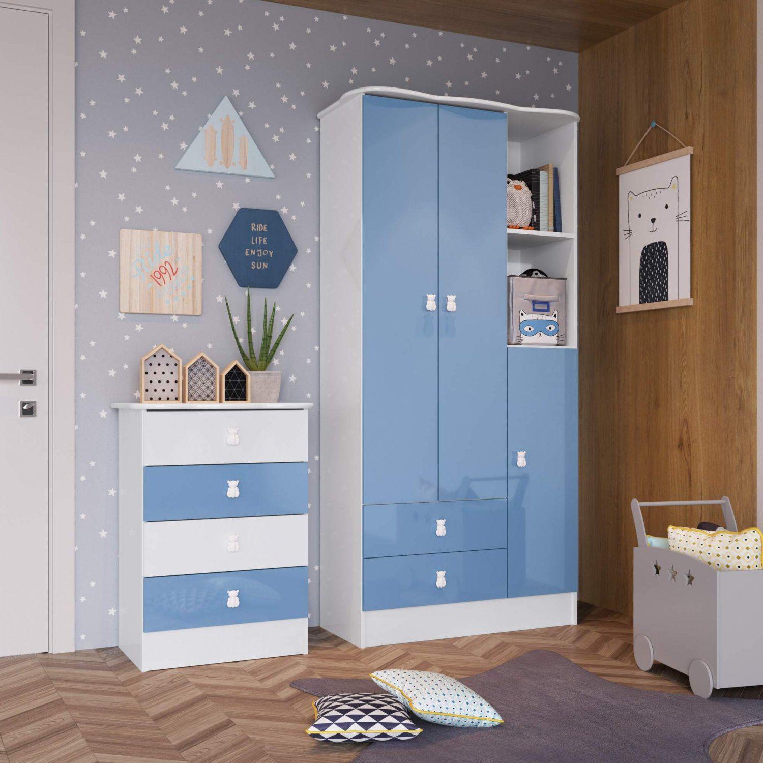Conjunto Quarto de Bebê com Guarda Roupa e Cômoda Kid Siena Móveis Azul ...