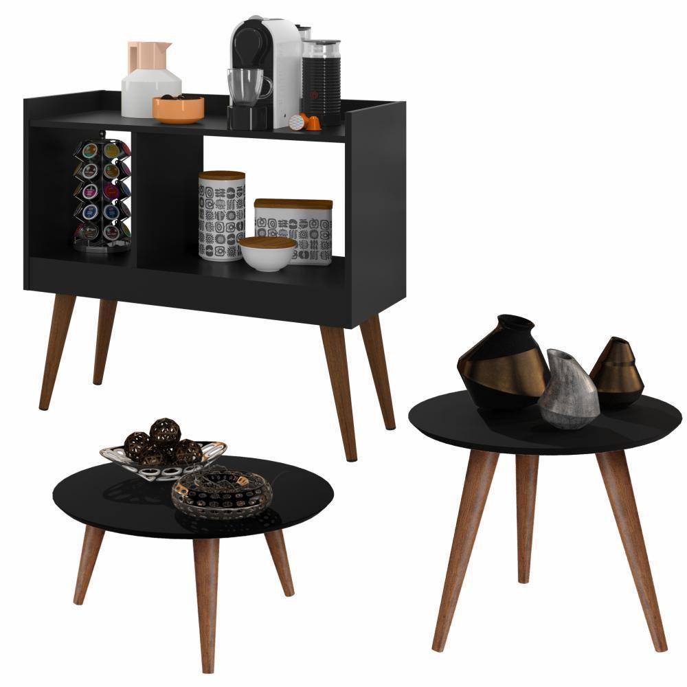 Conjunto Sala com Aparador Café Luanda / Mesa de Centro e Lateral Cissa - Preto - RPM Móveis ...
