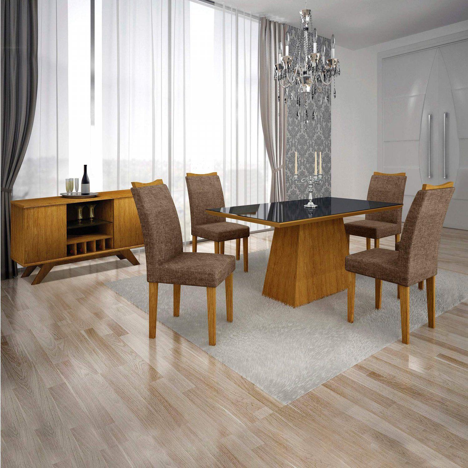 Conjunto Sala de Jantar Completa com Mesa Tampo Vidro, 4 Cadeiras e ...
