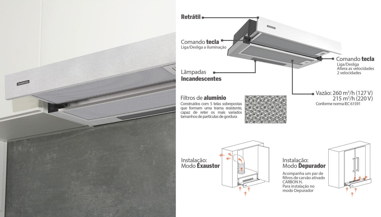 Depurador Parede Retrátil Tramontina Sli 60 Aço Inox 60 - Depurador de ...