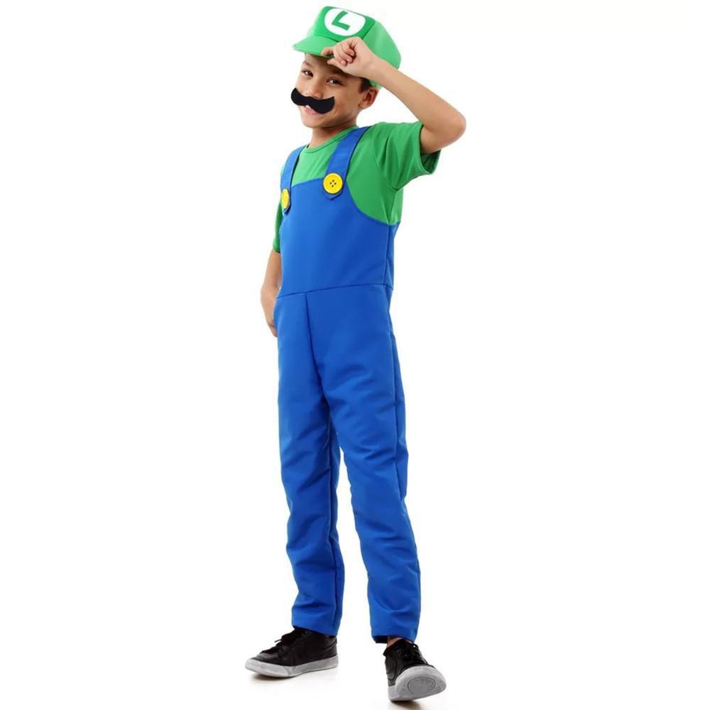 Fantasia Luigi Super Mário de Luxo Com Boné e Bigode Infantil Masculino ...