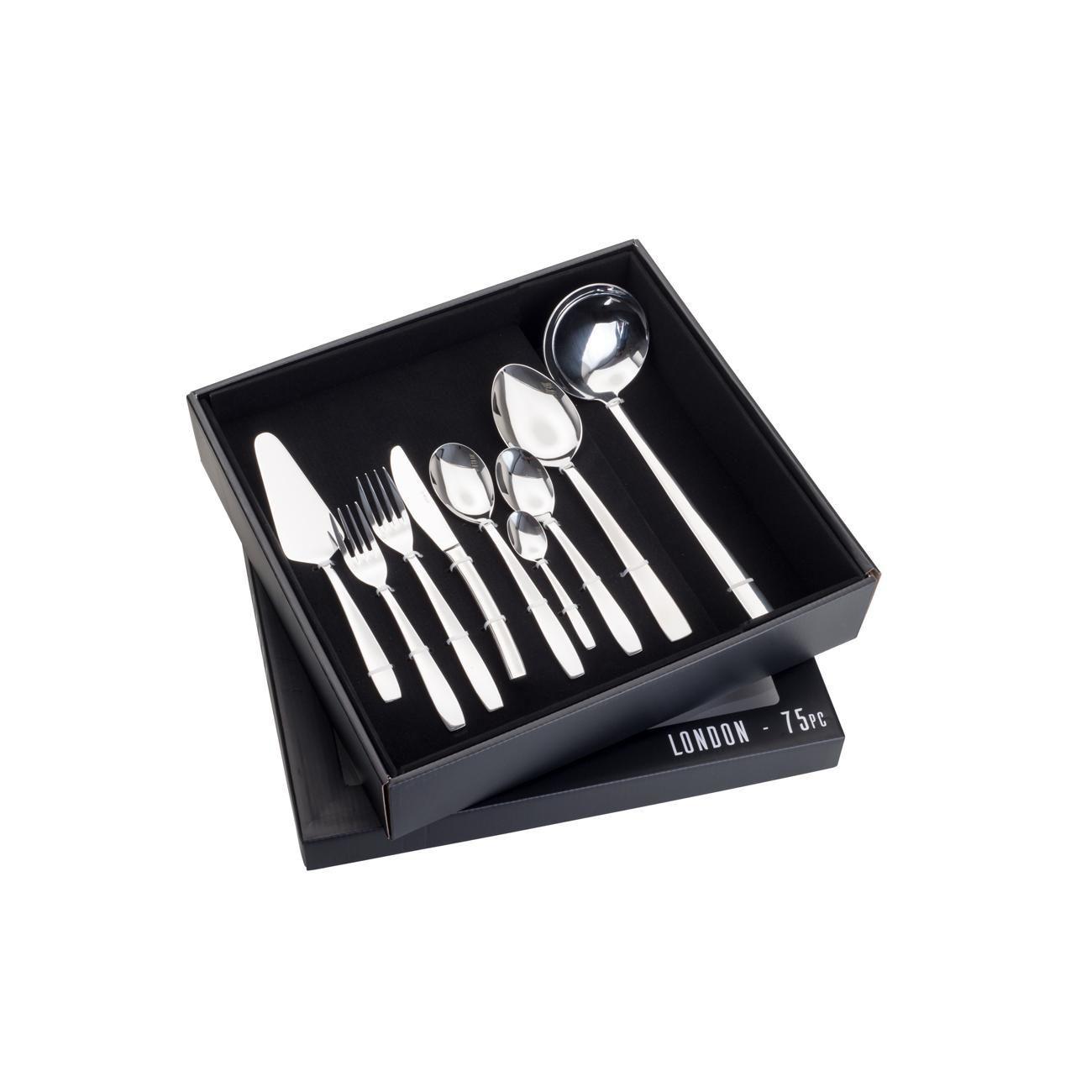 Faqueiro 75pc aço inox london forjado liso caixa litografada - WOLFF ...