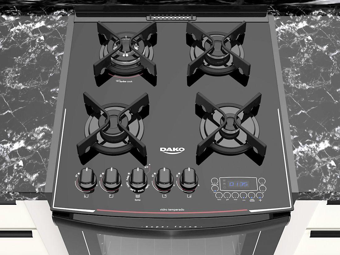 Fogão 4 Bocas de Embutir Dako Preto com Grill - Acendimento Automático Dako Turbo Glass DE4VTP ...