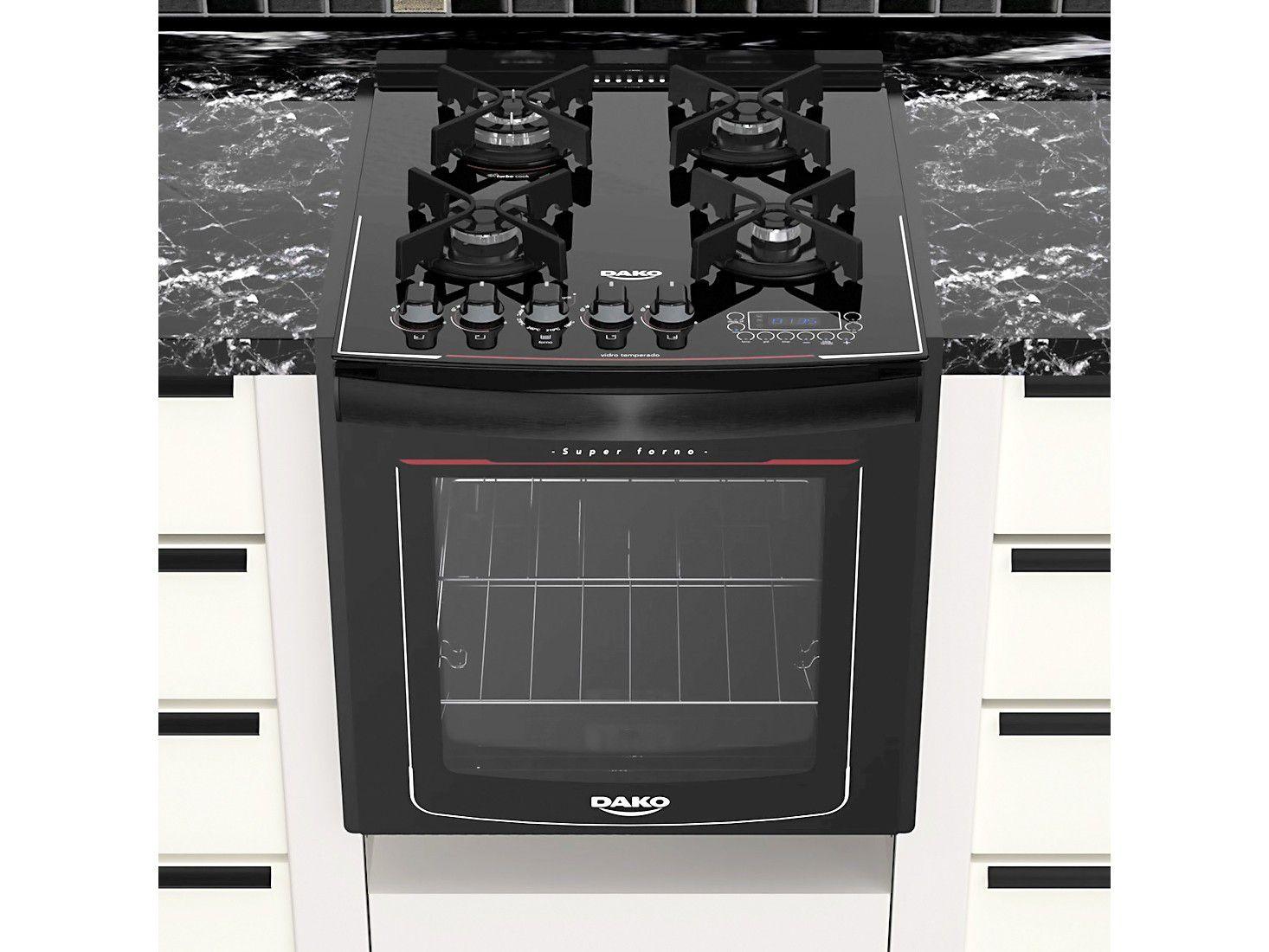 Fogão 4 Bocas de Embutir Dako Preto com Grill - Acendimento Automático Dako Turbo Glass DE4VTP ...