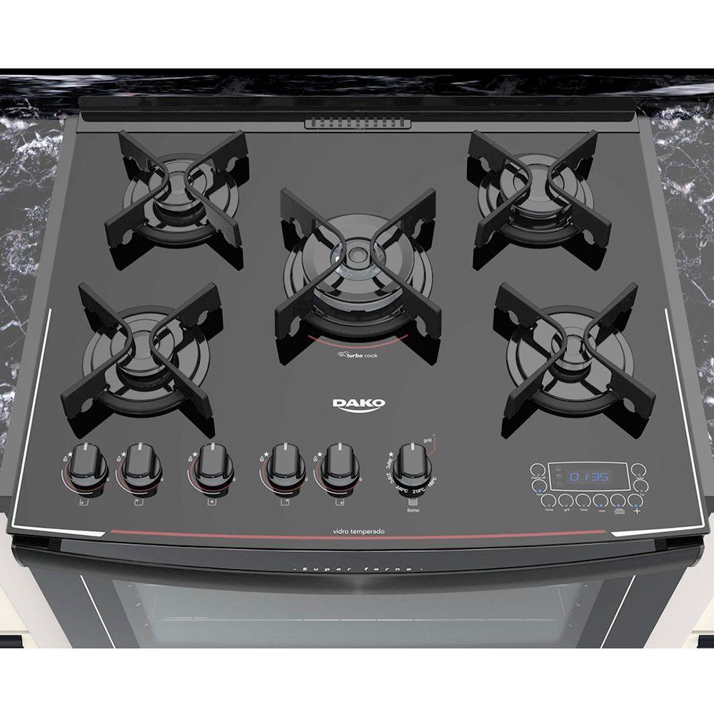 Fogão de Embutir 5 Bocas à Gás Dako Turbo Glass com Forno Grill Preto Bivolt - Fogão 5 Bocas ...