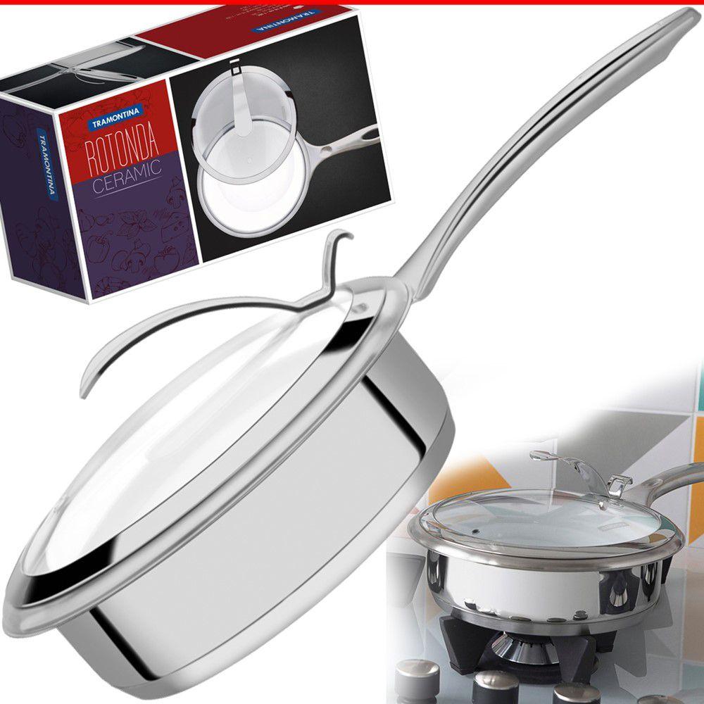 Frigideira Antiaderente Cerâmica Inox Fundo Triplo Tampa 20cm Rotonda ...