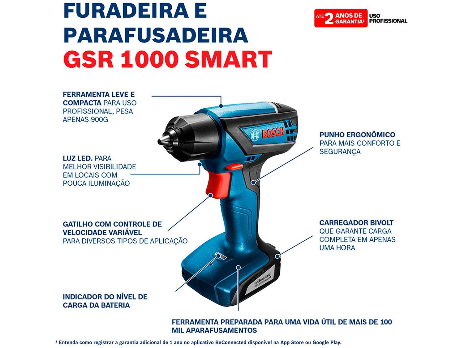 Furadeira e Parafusadeira Bosch a Bateria GSR 1000 Smart