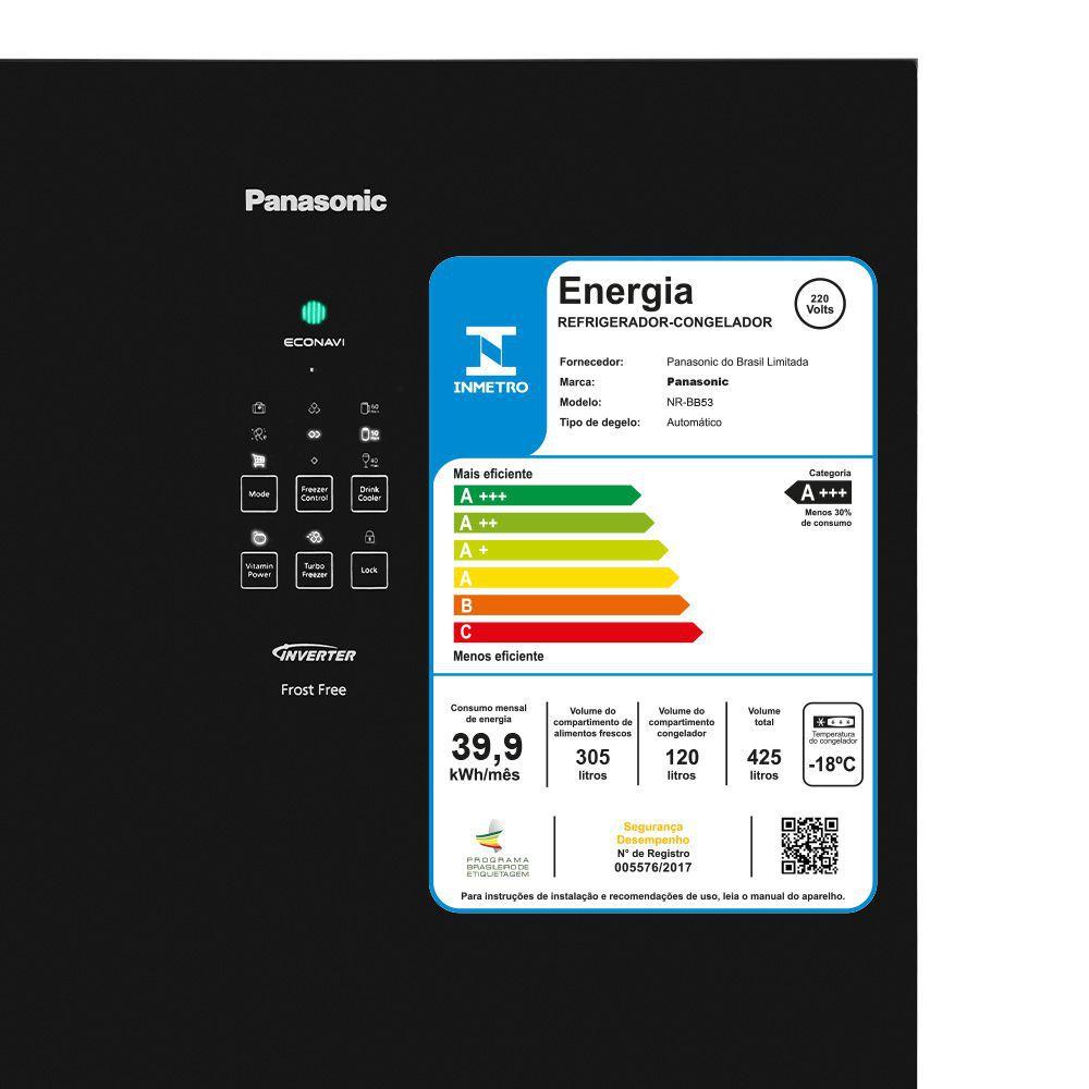 Geladeira Panasonic A+++ Frost Free 425L Black Glass NR-BB53GV3B 220V ...