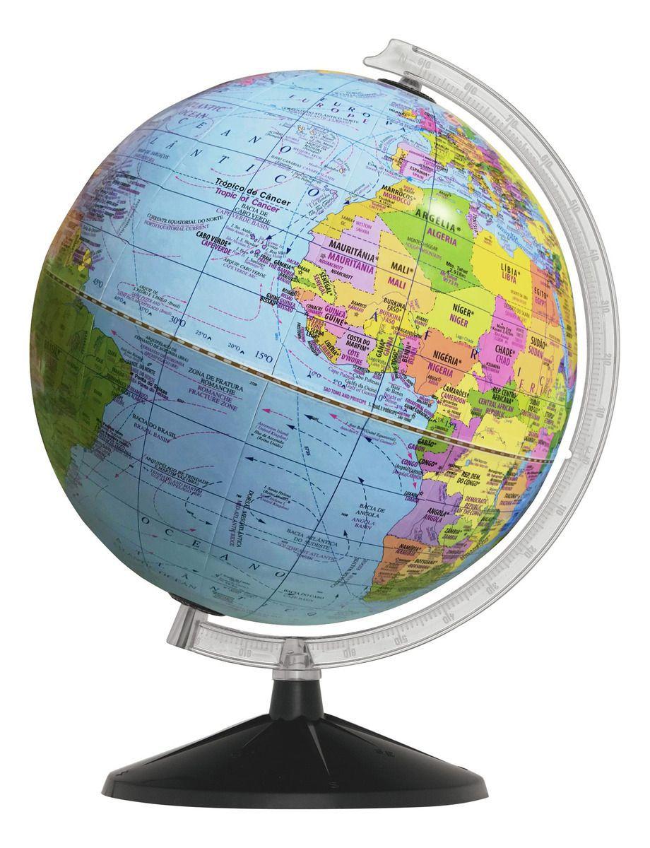 Globo Terrestre Político Bilíngue 30cm Base Preta + Mapa Mundi + Lupa ...