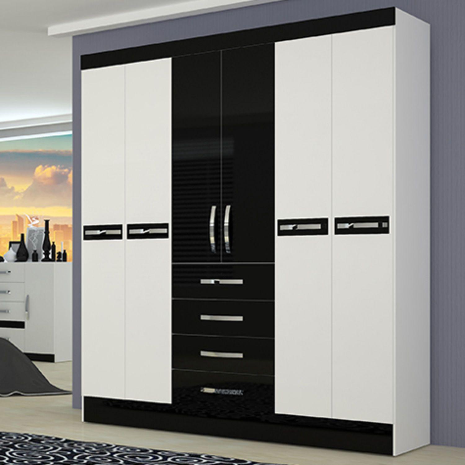 Guarda Roupa Casal 6 Portas e 4 Gavetas Avaí Moval Branco/Preto ...