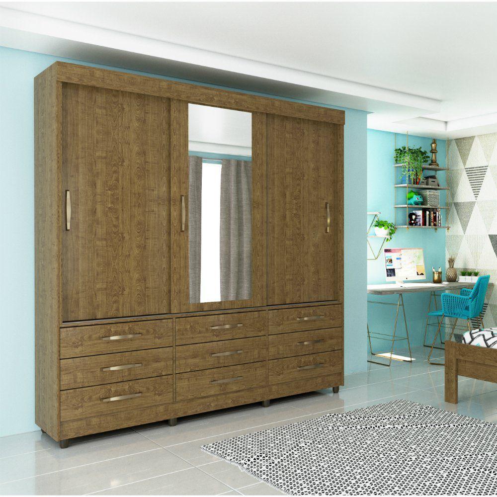 Guarda-Roupa Casal Chicago 3 Portas de Correr 9 Gavetas com Espelho Tcil - Guarda-Roupa ...