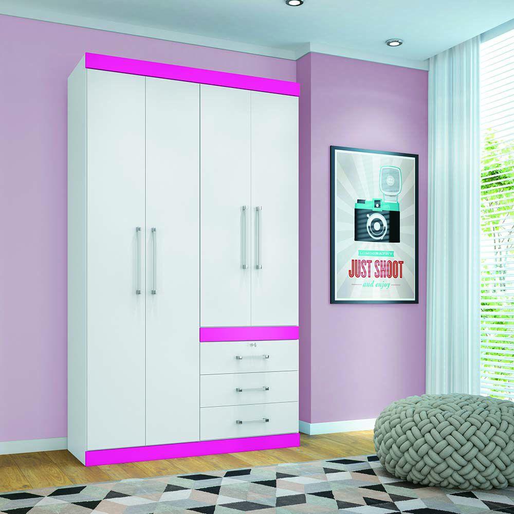 Guarda-Roupa Havana Plus Flex Branco/Fúcsia 4 Portas 3 Gavetas com ...