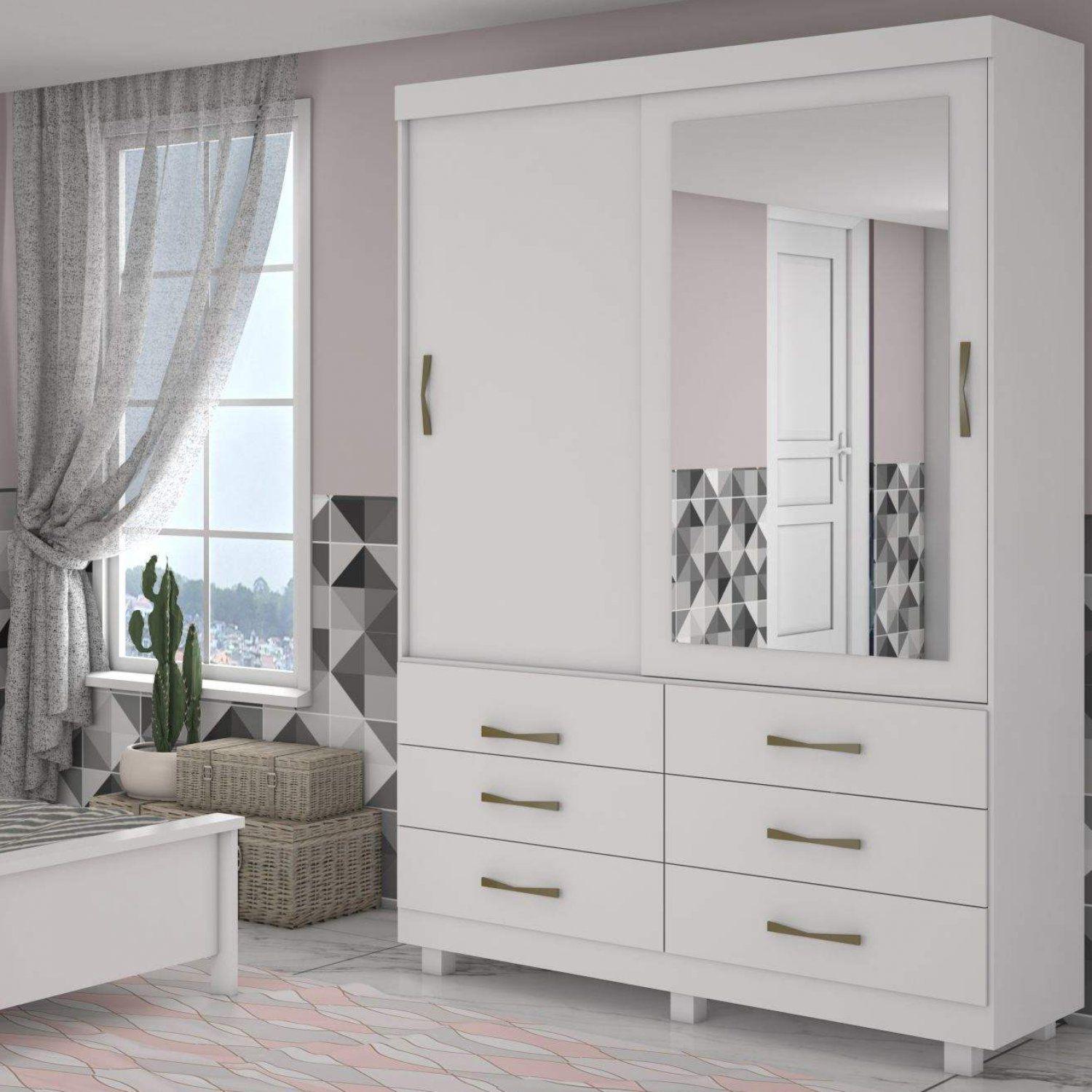 Guarda Roupa Solteiro com espelho 2 Portas de Correr 6 Gavetas Branco ...