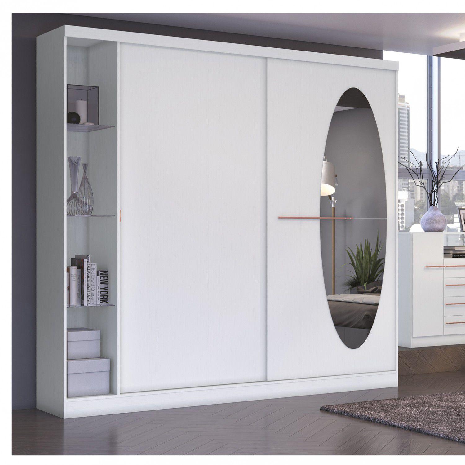 Guarda Roupa Solteiro com Espelho 2 Portas de Correr e Prateleiras ...