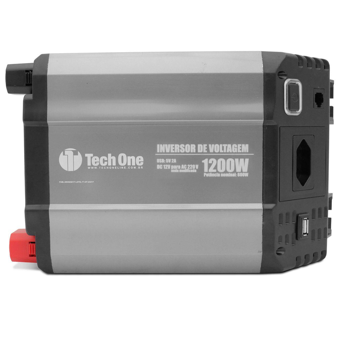 Inversor de Voltagem Tech One 1200W 12V para 220V com USB Transformador Conversor de Potência ...