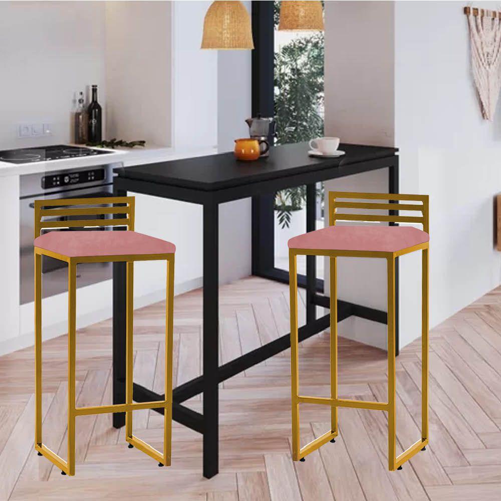 Kit 02 Banqueta Alta Com Encosto Nuria Balcao Bar Cozinha Bistro Ferro Dourado Suede Rose Gold Ahazzo Moveis