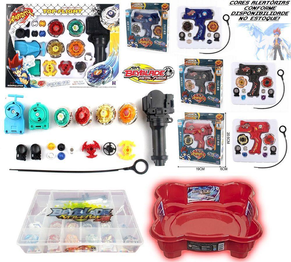 Kit 10 Beyblade Metal Fusion 3 Lançador Duplo Arena Beyblade Maleta ...