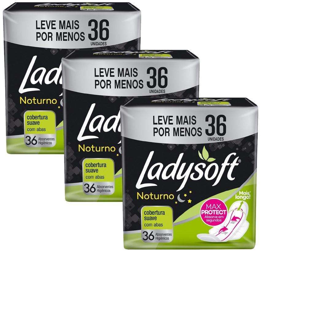 Kit 3 Absorventes Feminino LADYSOFT NOTURNO SUAVE COM ABAS - 108 Unids ...