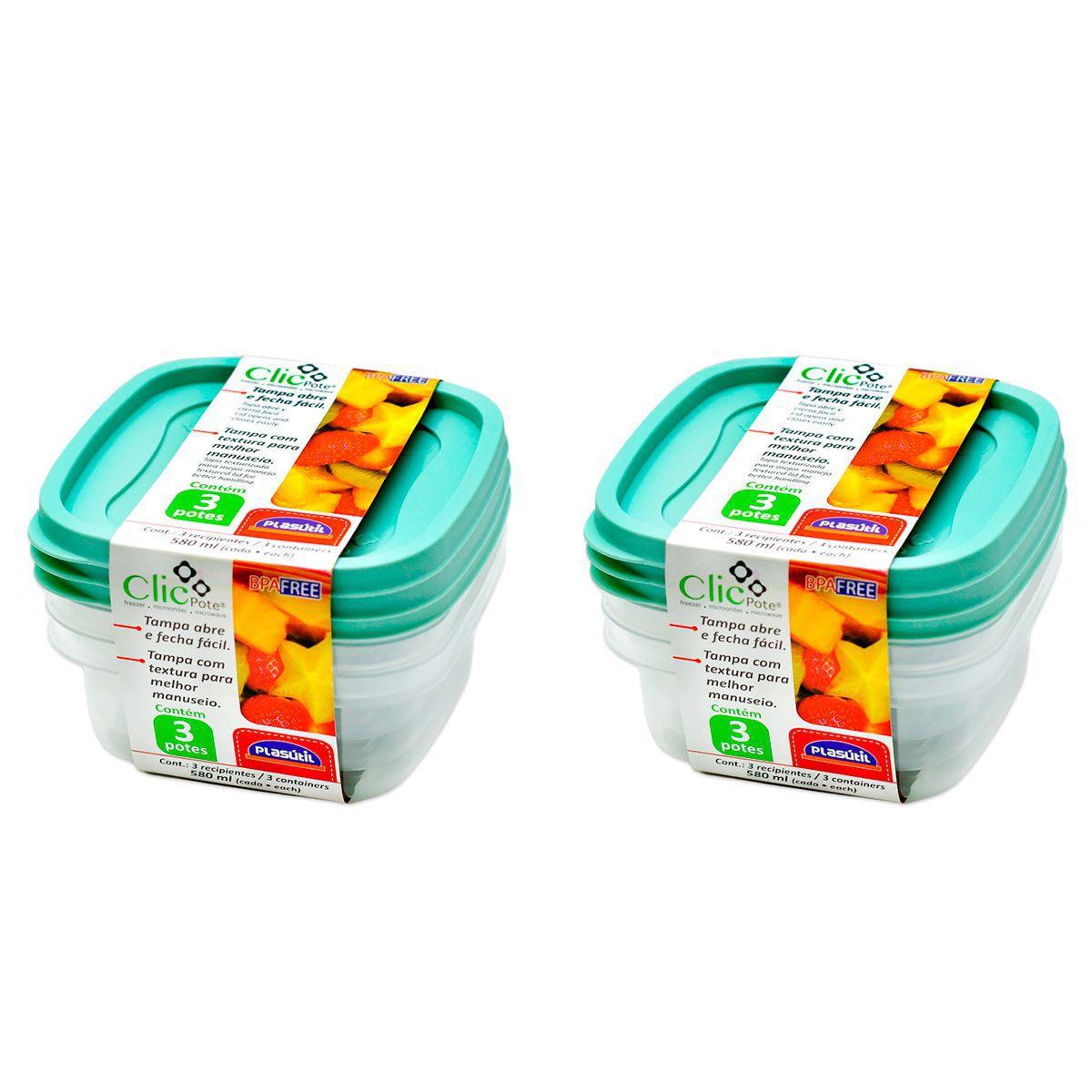 Kit 6 potes plástico 580ml com tampa quadrado Vasilha marmita tapoer ...