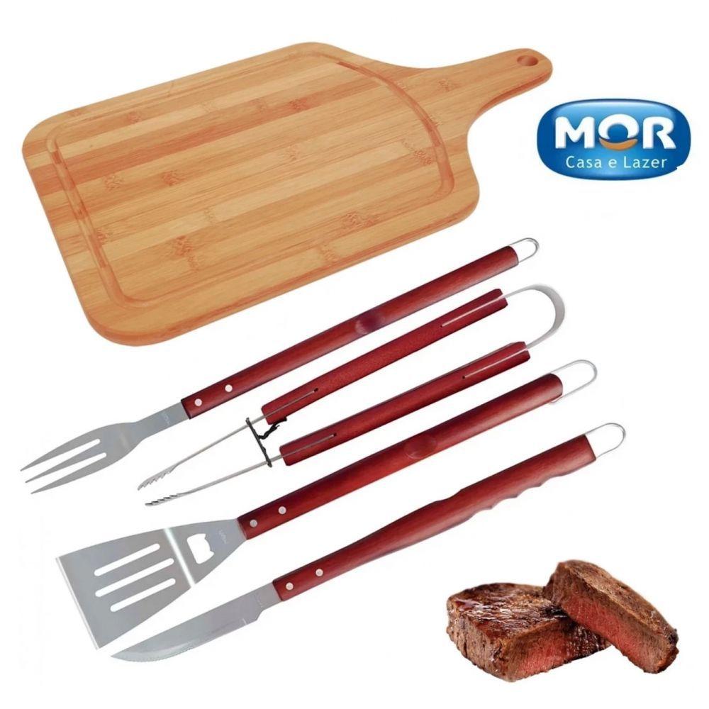 Kit Churrasco 5 Pecas Tabua em Bambu com Garfo Faca Espatula e Pegador ...