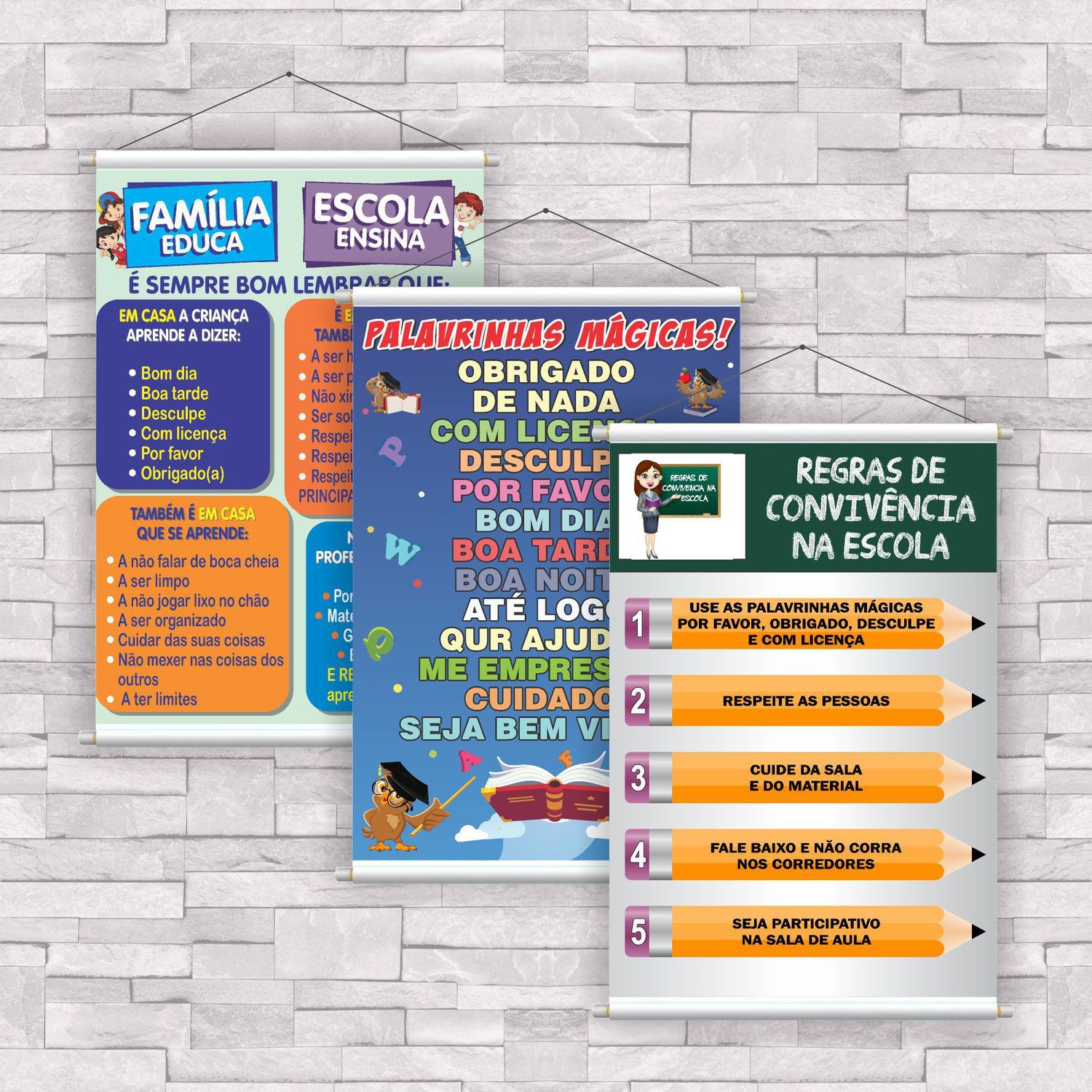 kit com 3 UNIDADES de Banner Educativo Regras de Convivência 85x60cm ...