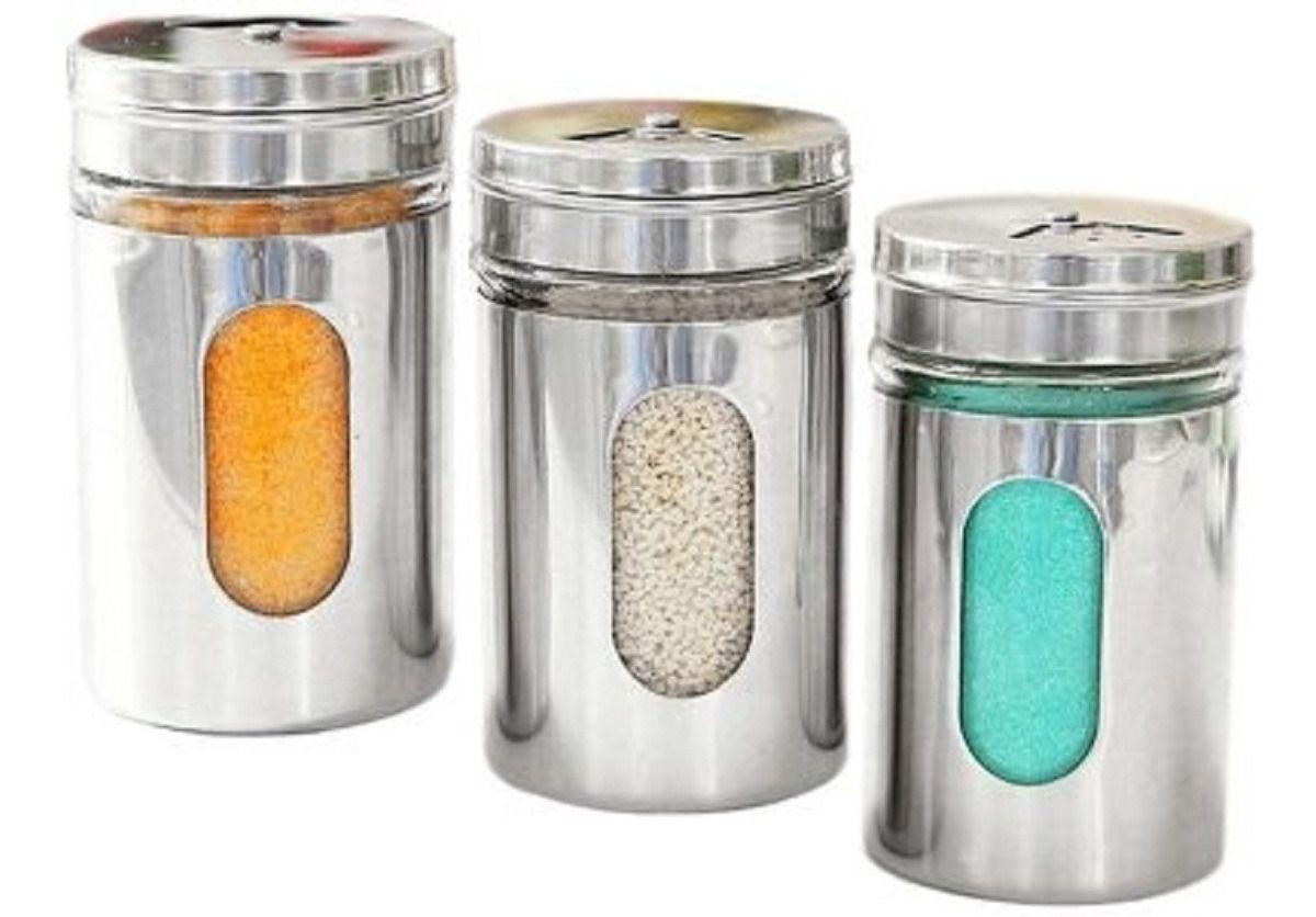 Kit com 8 Saleiros Porta Condimento Pimenta Pote Vidro Aço Inox Visor ...