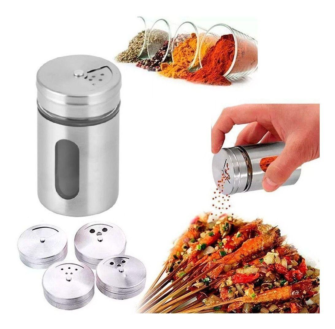Kit com 8 Saleiros Porta Condimento Pimenta Pote Vidro Aço Inox Visor ...