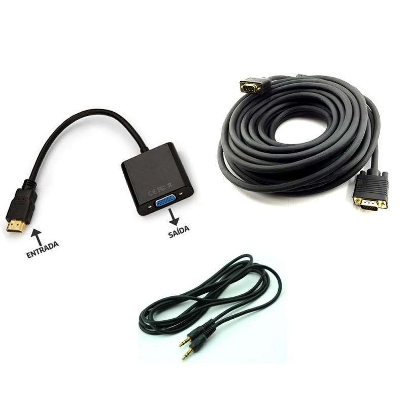 Kit Conversor HDMI Macho x VGA + Cabo VGA de 5 Metros + cabo p2 ...