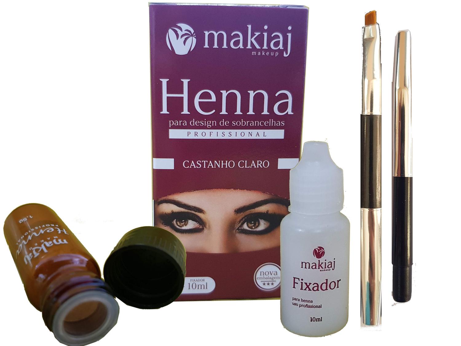 Kit Henna Makiaj Sobrancelha Castanho Claro + Pincel chanfrado com ...