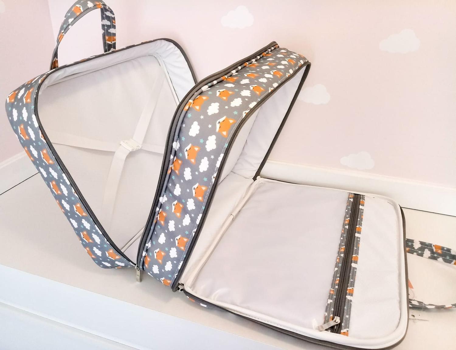 Kit mala retangular e mochila funcional raposinha cinza fazendo arte ...