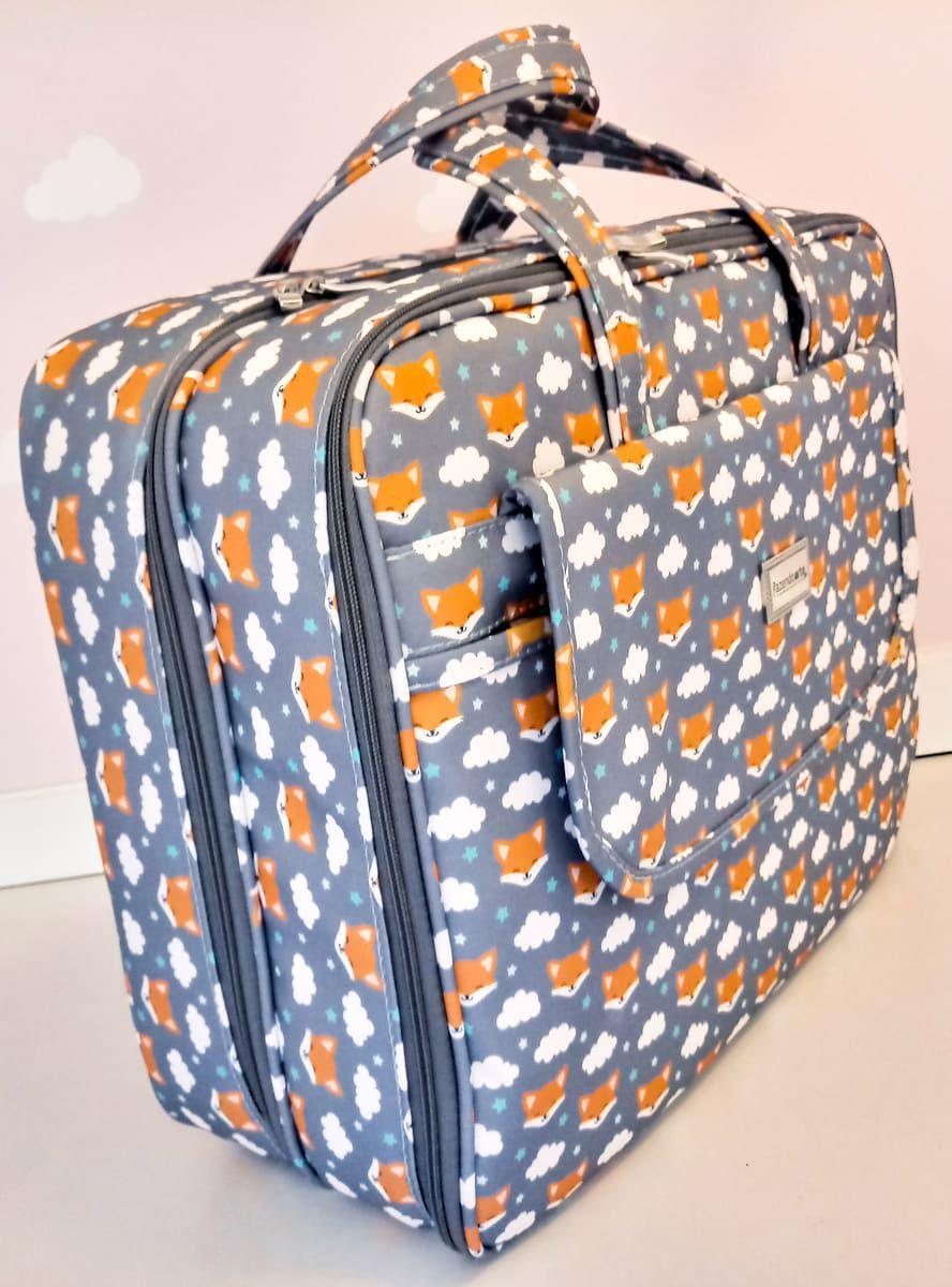 Kit mala retangular e mochila funcional raposinha cinza fazendo arte ...