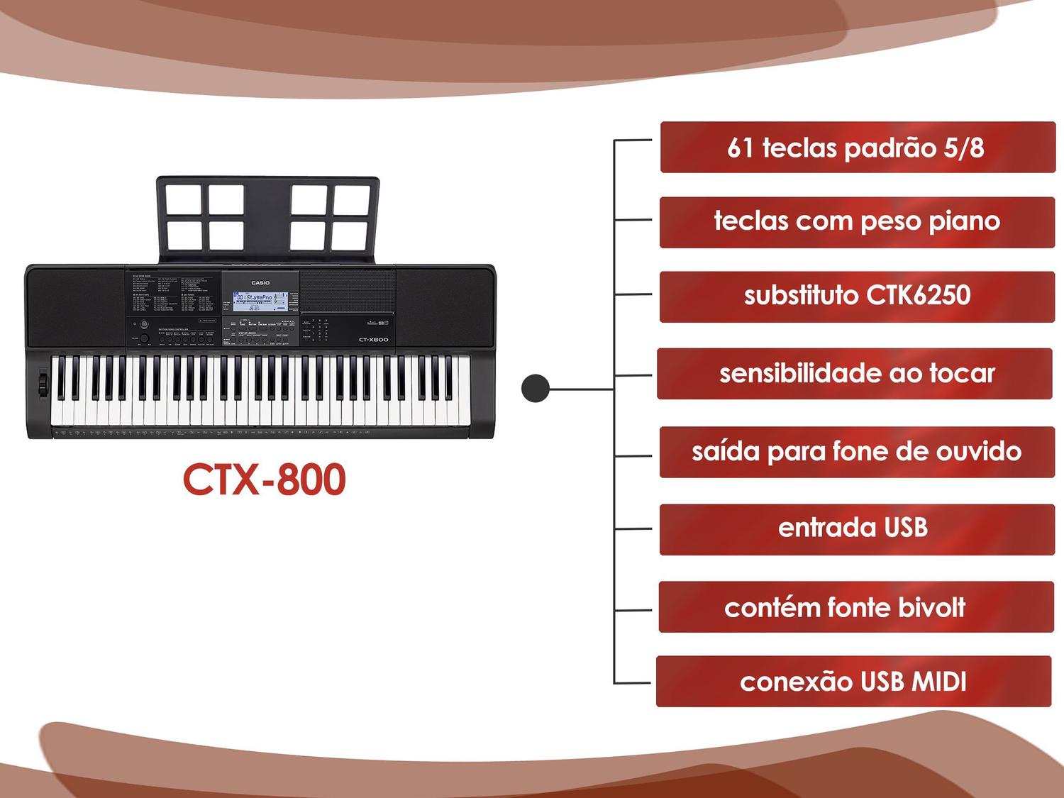 Kit Teclado Casio CTX800 USB 5/8 61 Teclas Com Capa Azul e Pedal ...