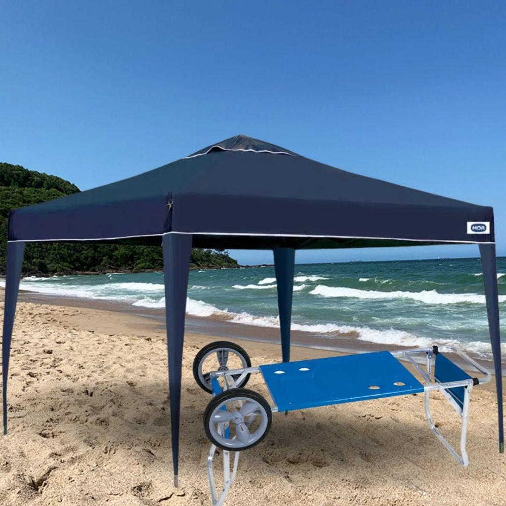 Kit Tenda Azul 3x3 Dobravel Pantografica + Carrinho de Praia com Avanco ...