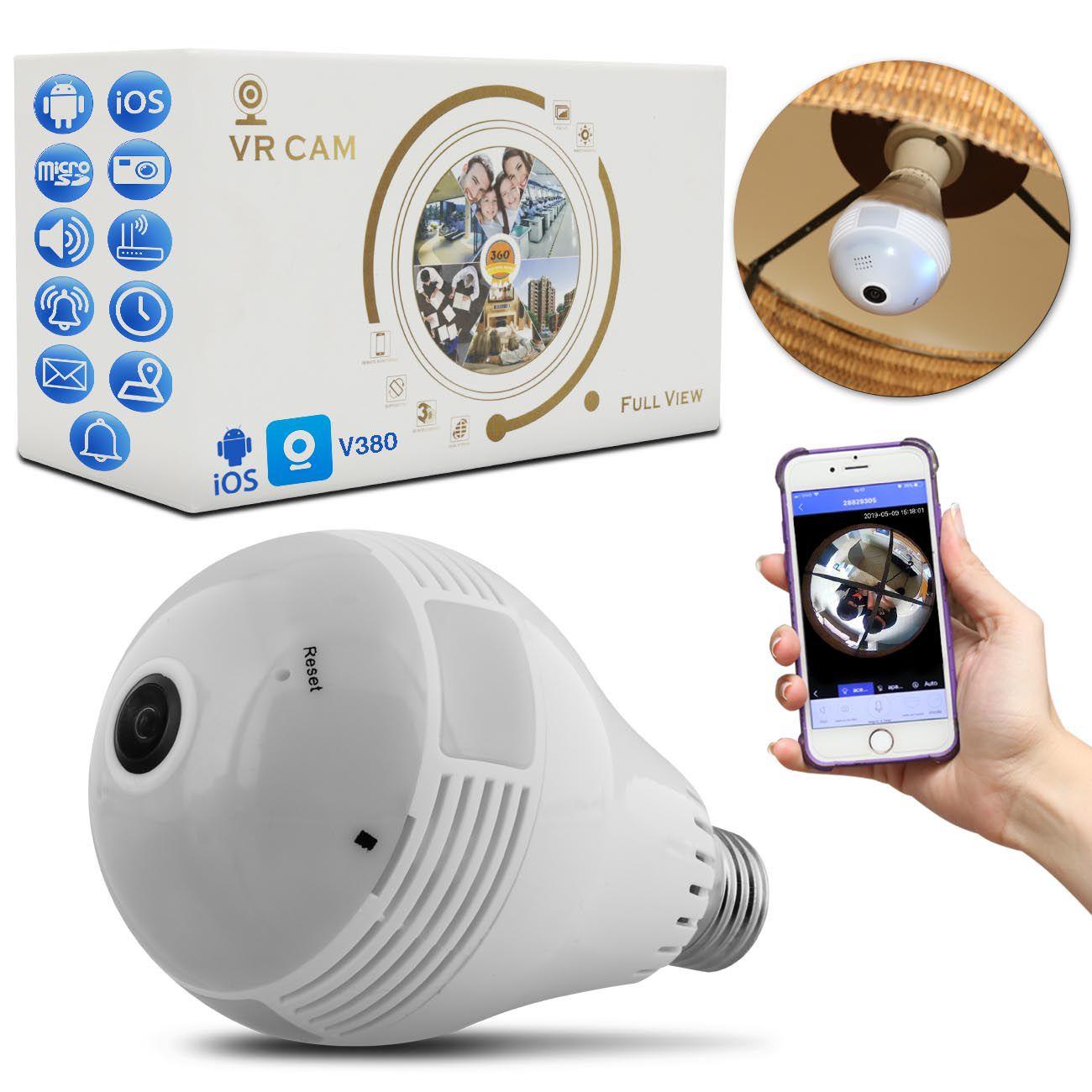 Lâmpada Espiã Câmera LED Wifi Panorâmica 360 Full HD 1.3Mp Microfone ...