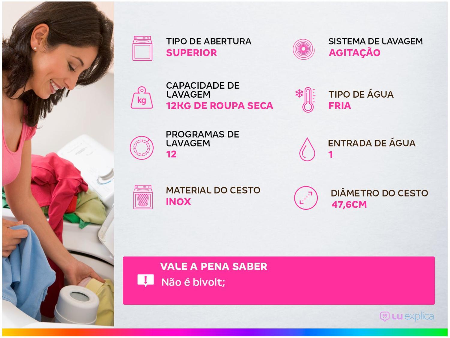 Lavadora de Roupas Electrolux LAC12 12Kg Cesto Inox 12 Programas de Lavagem