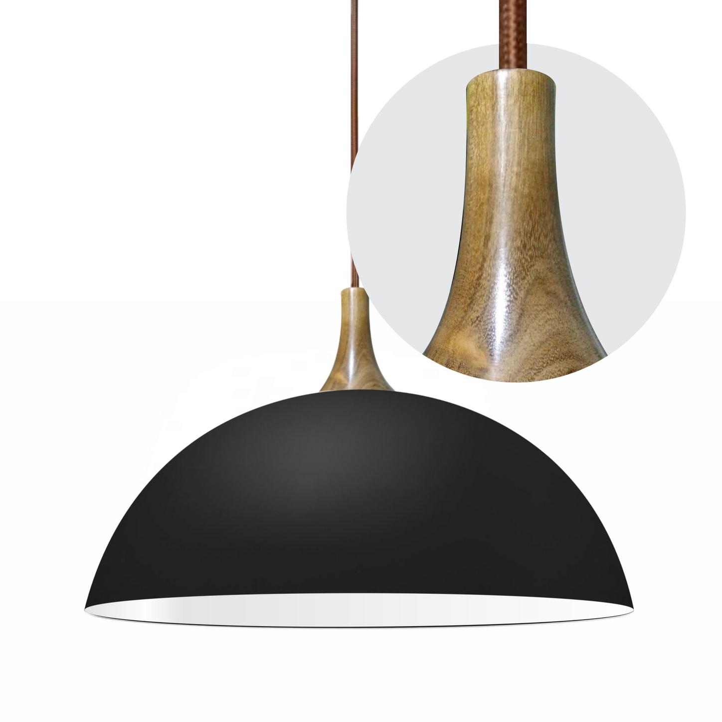 Luminária Lustre Pendente preto fosco Domo-Wood com detalhe em madeira ...